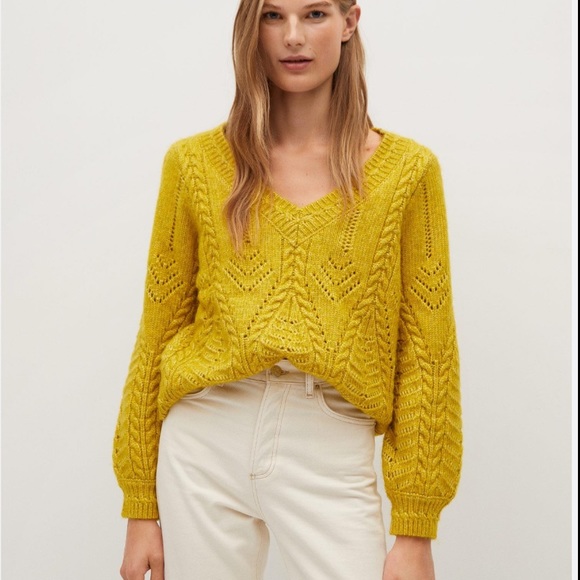 Mango | Sweaters | Mng Mango Rosetta Sweater Yellow Gold Cable Knit V Neck Oversized Cozy Medium ...